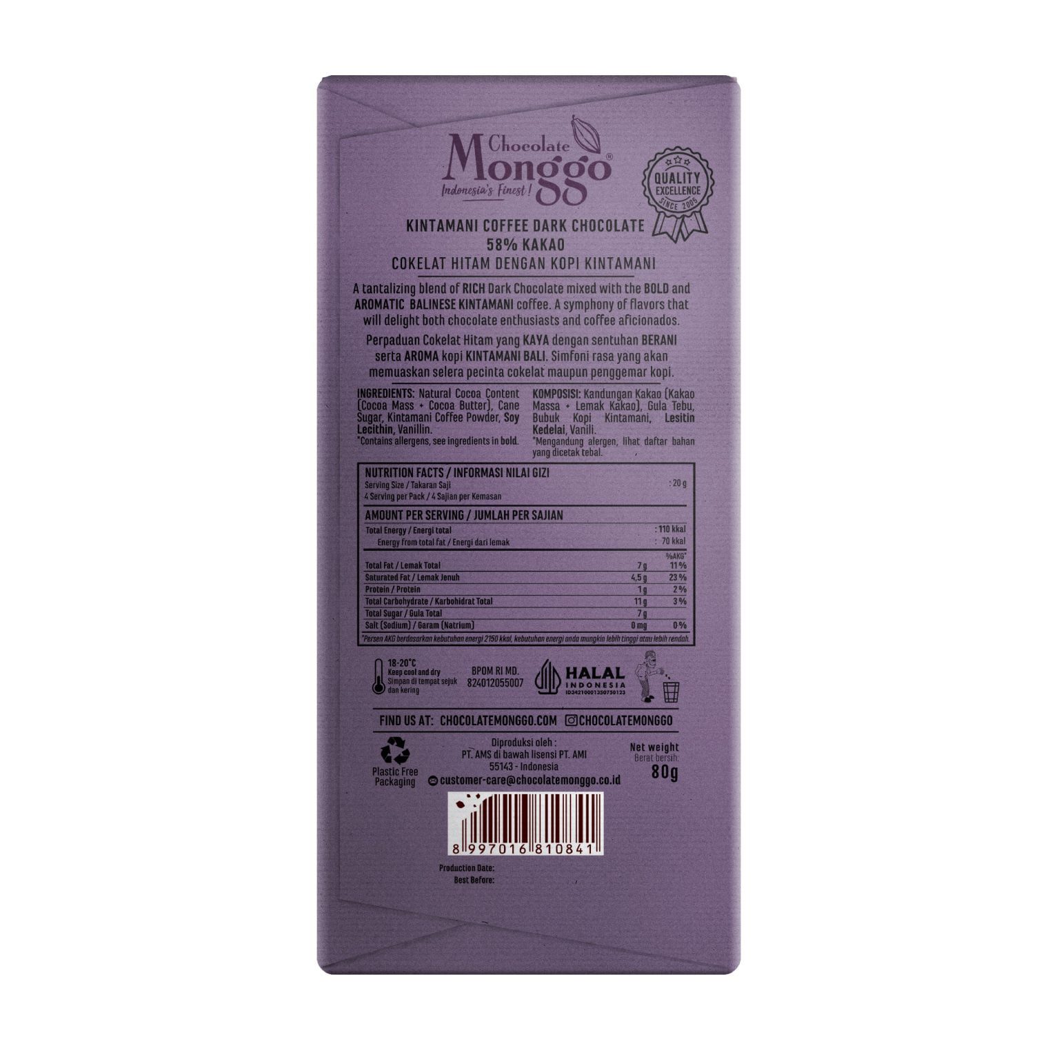 COFFEE Dark Chocolate 58% Of Cocoa - Tablet 80g – Chocolate Monggo